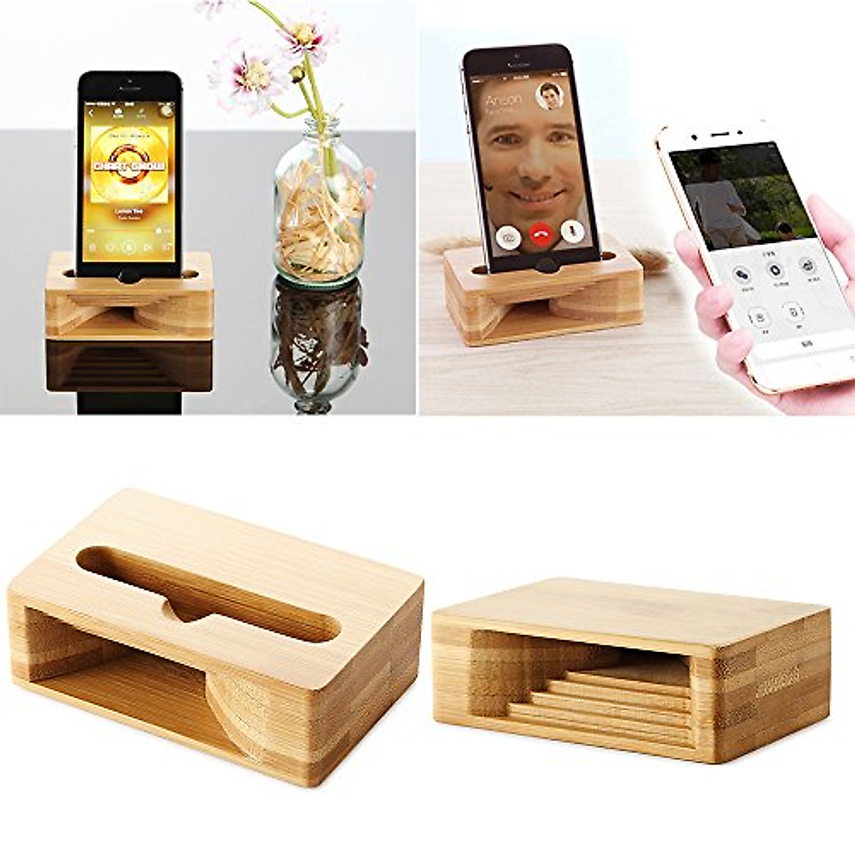 Cell Phone Stand Amplifier, Fanshu Desktop Mobile Phone Holder, Universal Portable Wood Cellphone Dock on Desk Bamboo Bed Stand Mount Cradle for Phone Under 5.5 Inches