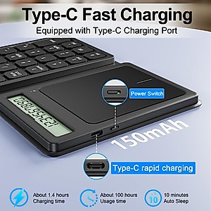 Bluetooth Number Pad, Foldable 2.4G Wireless Numeric Keypad with Display Calculator & Touchpad, Wireless Number Pad Slim 23 Keys Portable Financial Accounting Numpad Keyboard for PC Laptop Desktop