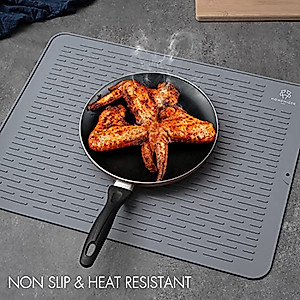 Homewizer Extra Large, 23” x 18” Silicone Dish Drying Mat for Kitchen Counter, Heat Resistant, Non-Slip Design, Quick Dry, Easy Clean, Raised Edge Holds Water, BPA Free, Food Grade Silicone- Gray