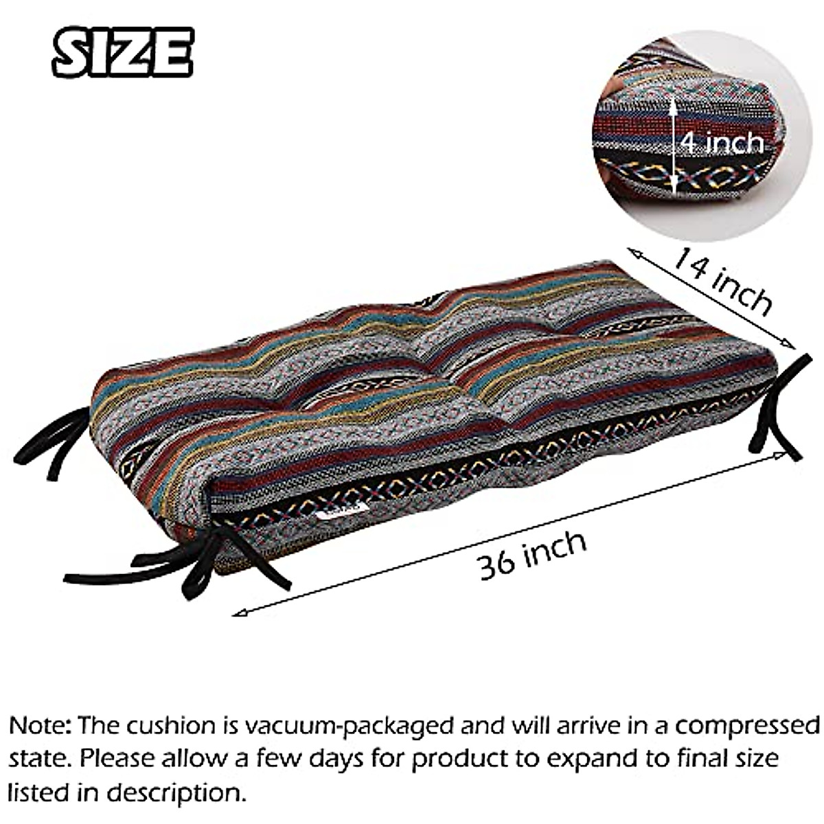 Big Hippo Bench Cushion 36 inch, Patio Bench Cushion Indoor, Patio Furniture Chair Cushion Bench Pad, Porch Swing Cushion with Ties