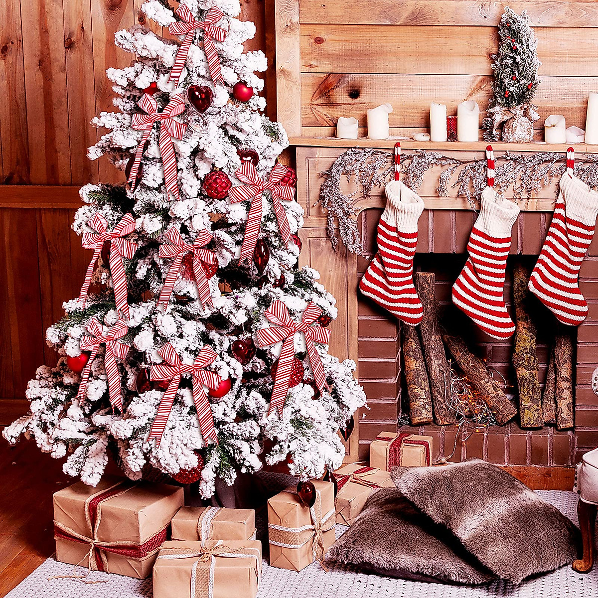 44 Yards Christmas Peppermint Strip Wired Candy Cane Ribbon - Red and White Stripe DIY Craft Ribbon for Christmas Tree Decor, Holiday DIY Garland, Present Wrapping, Wreaths, Bows - 2 Widths