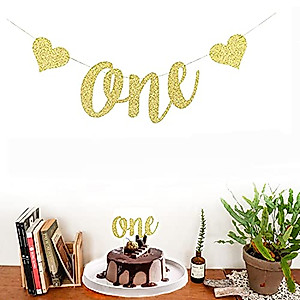 Morndew Gold Glitter One Banner and One Cake Toppers for Kids Birthday Party Baby Shower Wedding Party Bunting Decoration