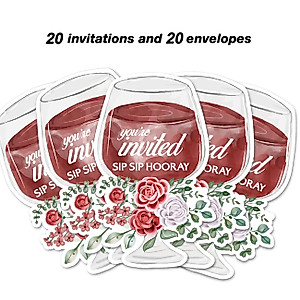 Sip Sip Hooray Birthday Party Invitations with Envelopes, 20 Set Rose Cup Shaped Invitations Birthday Surprise Party Invites Supplies Favors, Double-Sided