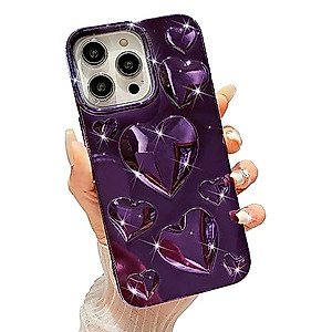 MGQILING iPhone 14 Pro Max Case, Plating Bling 3D Love Heart Case, Cute Love Hearts Sparkle Phone Case for Women Girls, Soft TPU Full Camera Shockproof Protective Clear Case - Purple