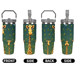 30oz Stainless Steel Insulated Tumbler with Flip Lid & Straw, Leakproof Travel Mug for Car, Cartoon Giraffe Double Wall Vacuum Thermal Coffee Cup with Handle, Spill-Proof Design for Hot/Cold Drinks