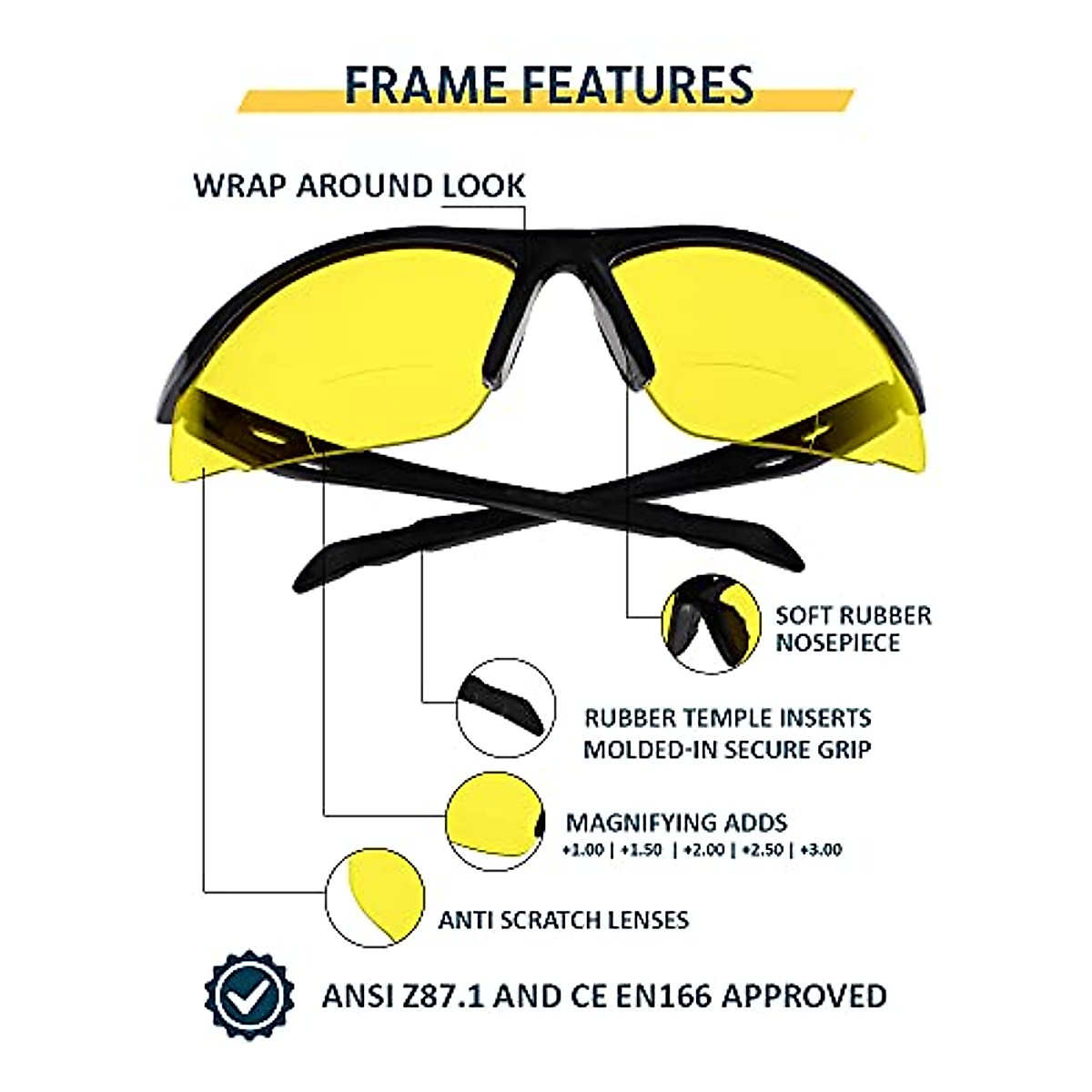 Bifocal Safety Glasses SB-9000 with Yellow Lenses, +2.50