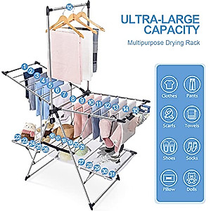 TOOLF Clothes Drying Rack with High Hanger, Foldable 2-Level Drying Racks for Laundry, Laundry Stand with Height-Adjustable Gullwings