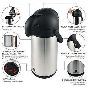 Heritage66 Stainless Steel Thermal Coffee Carafe Airpot-Large Beverage Dispenser Triple Wall Thermos Vacuum insulated Keeping Hot Coffee for 10 hours tea water coffee (5Liter /170 OZ)