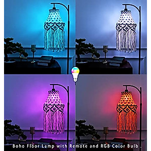 QIYIZM Boho Floor Lamp for Living Room Bedroom,Bohemian Standing Lamp with Control and Dimmable RGB Bulb,Farmhouse Adjustable Floor Light,Macrame Fringe Lamp Shades,Modern Arc Tall Lamp（Colorful Bulb）