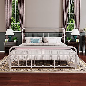 AUFANK California King Bed Frame Metal Victorian Vintage Style Headboard Footboard No Box Spring Needed Heavy Duty Steel Slat Mattress Foundation White