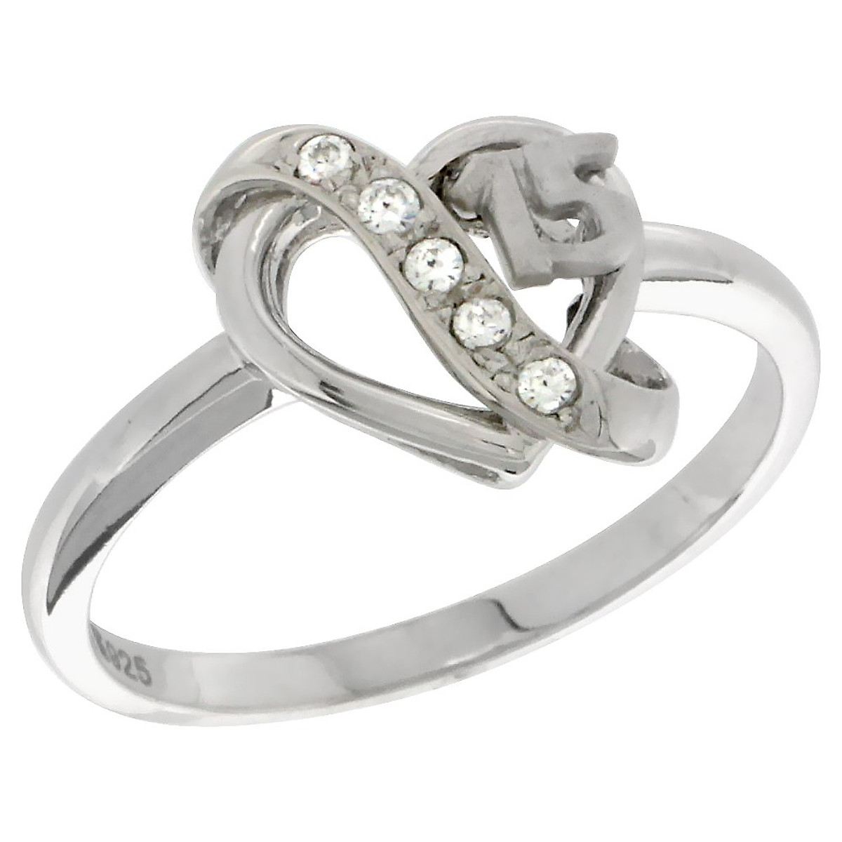 Sterling Silver Quinceanera 15 Anos Heart Ring CZ stones Rhodium Finished, size 8