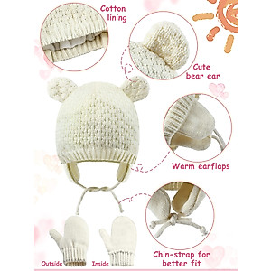 SATINIOR 2 Sets Baby Winter Beanie Hat Gloves Cute Bear Earflap Caps (White, Pink)