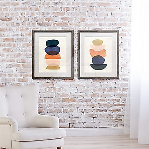 Renditions Gallery Mod Pods 2 Piece Framed Artwork Set, Blue, Orange, Peach, Crisp Contemporary Art, Modern Abstract, Distressed Silver Frame, White Mat, Plexiglass, 16 In W X 20 In H, Made in America