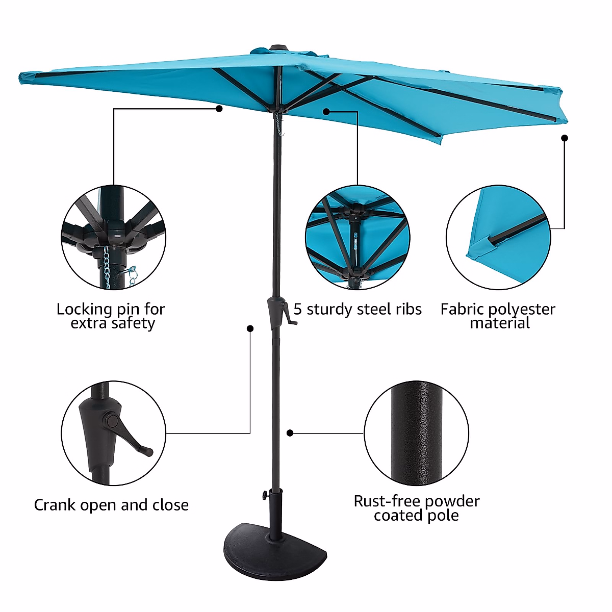 COBANA 9’ Half Round Patio Outdoor Umbrella with Crank for Deck, Balcony, Garden or Terrace Shade, Blue