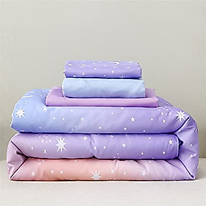 URBONUR 4 Piece Toddler Bedding Set for Girls Glitter Purple Orange Toddler Bedding Set Gradient Stars Print Girls Bedding Toddler Comforter Set