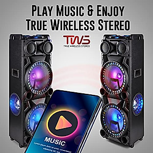 QFX PBX-1212 Bluetooth Rechargeable Dual 12” Woofer with 1” Tweeter Speaker System with Microphone Input, Guitar Input, Aux Input, USB Port, SD Card Port, TWS, Recording, FM Radio, LED Party Lights