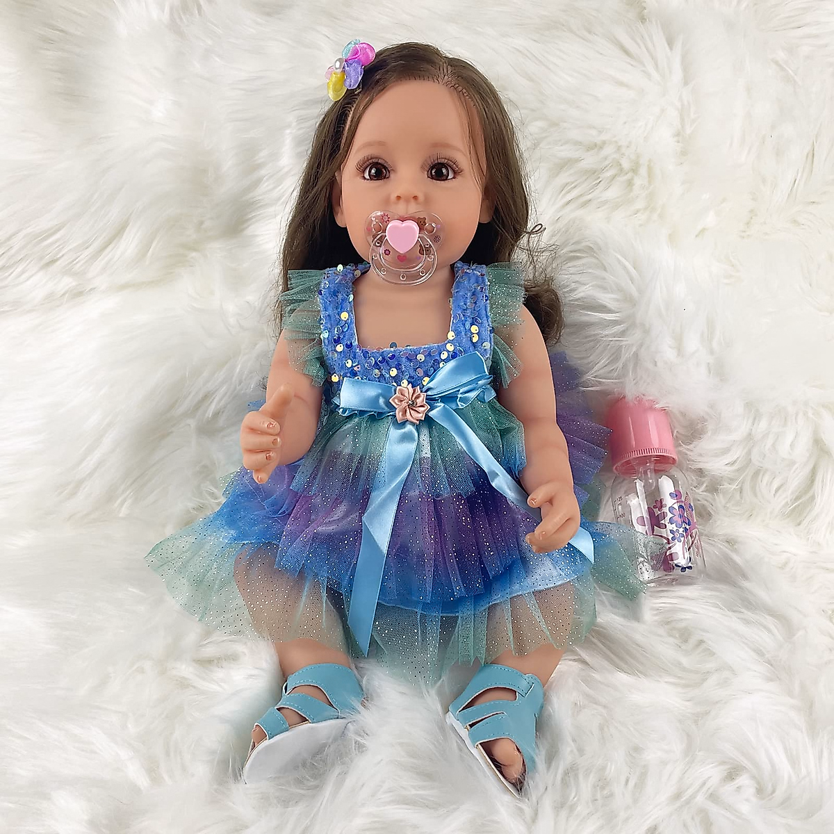 PLAYSKY Reborn Baby Dolls Girl, 22" Beautiful Lifelike Doll Full Body Vinyl Silicone with Long Hair for Kids, Realistic Newborn Baby Doll with Feeding Toy for Birthday Christmas