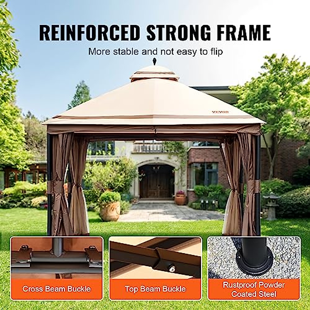 VEVOR Patio Gazebo for 10-12 Person, 10 x 13 FT Backyard Gazebo, with Mosquito Netting, Metal Frame, and PU Coated 180G Polyester, Outdoor Canopy Shelter for Patio, Backyard, Lawn, Garden, Deck