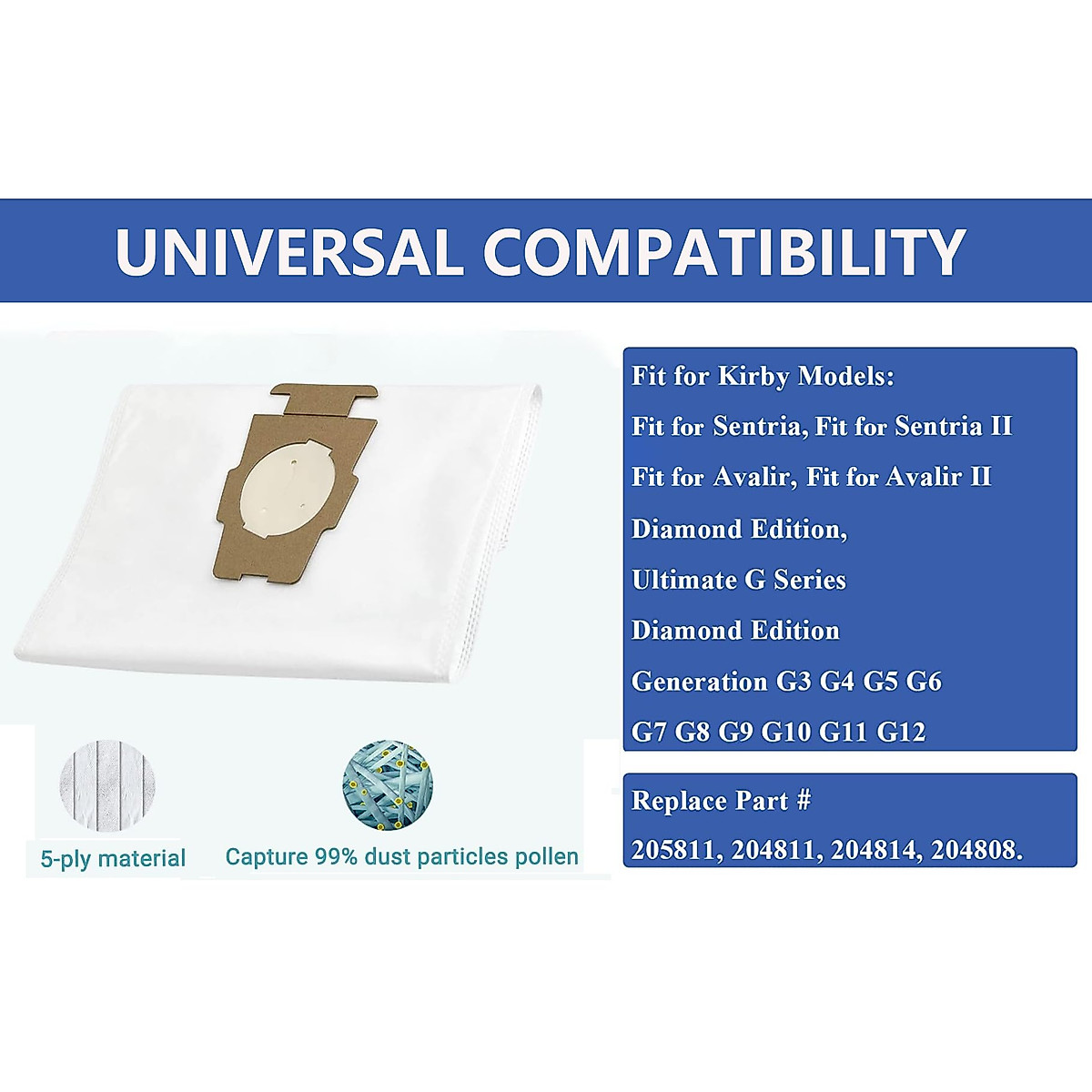 10-Pack Compatible with Kirby vacuum bag Fit for Sentria Fit for Avalir Ultimate G All Generations & Models Part 205811 204811 204814 204808