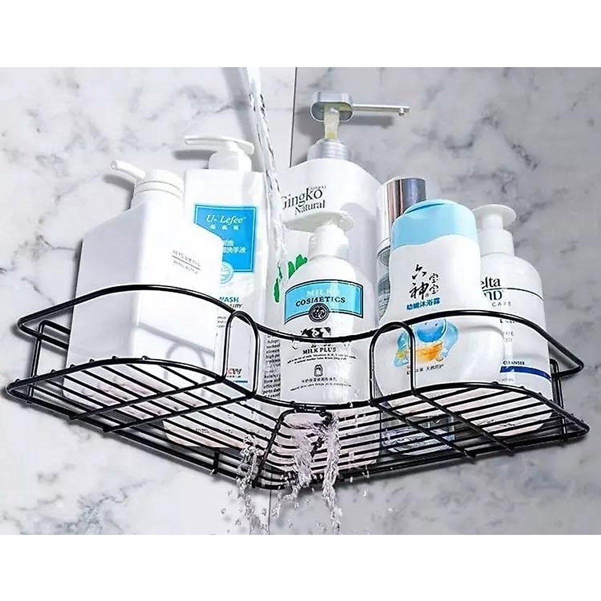 LAMEF 2 Packs Shower Corner Shelf with Soap Holder, Bathroom Shower Organizer with Toothpaste Dispenser and Toothbrush Set Holder, Shower Corner Caddy with Adhesive Hooks for Bathroom Storage