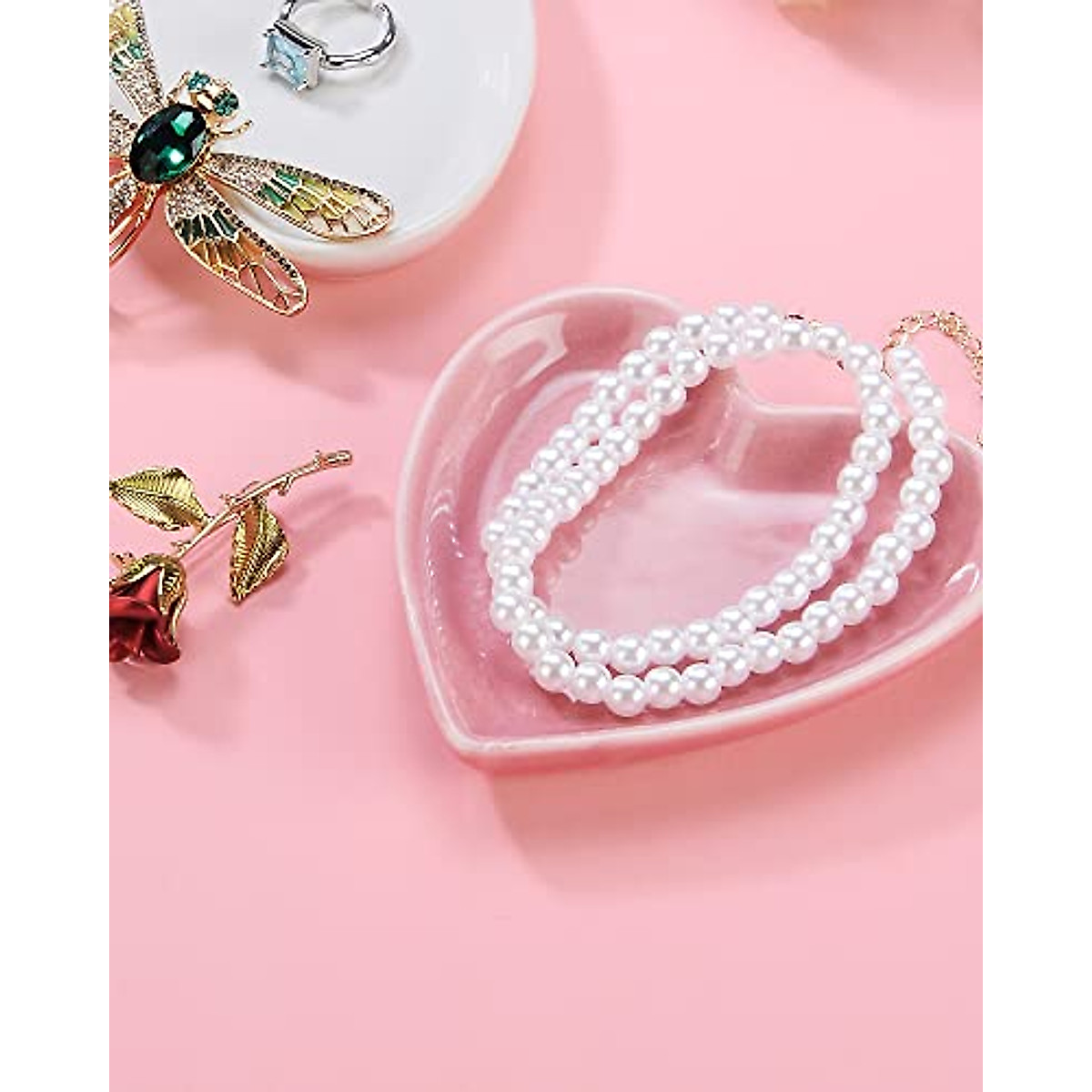 JAMEND CLXP Pink Heart Jewelry Tray, Engagement Wedding Ring Dish Earring Holder for Newlyweds, Sweet Gift for Mother Girls Women, Ceramic.NO ROSE.