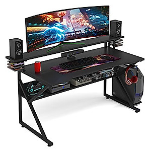 Tribesigns Gaming Desk with Storage Shelf and 59 inches Monitors Shelf, 47 inches PC Computer Desk, Home Office Table Gamer Workstation with CPU Stand and Headphone Hook/CD Holder (47)