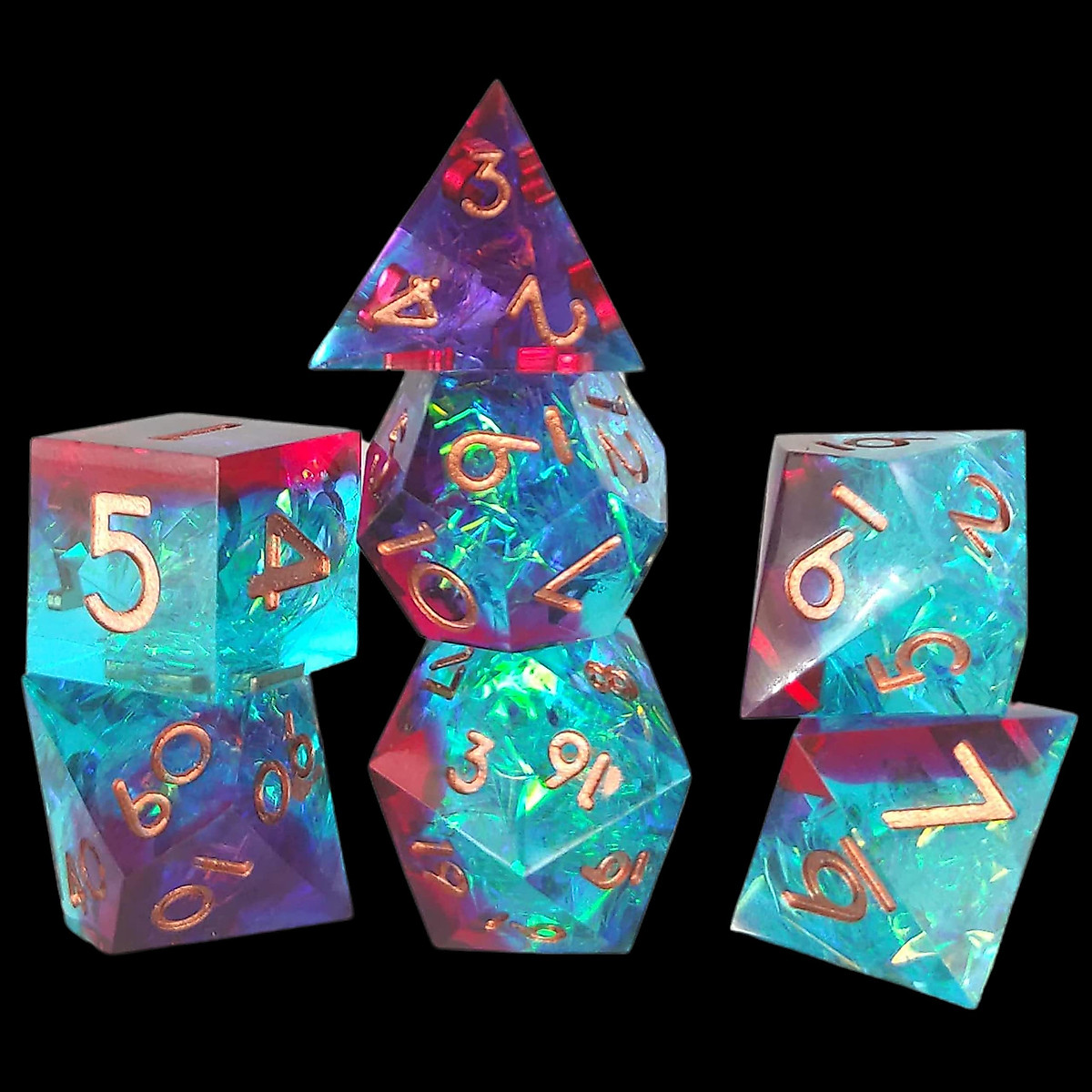 FOXBITE Sharp Dice 7 DND Dice Sets Polyhedral Teal Swirl Black with Sequins Inside with Gorgeous Box Case for DND Dungeons and Dragons (Teal Swirl Black with Sequins) (Fairies)