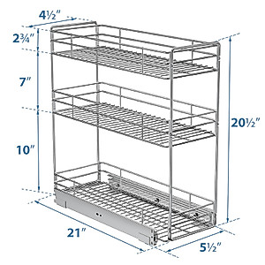 ROOMTEC Pull Out Spice Rack for Narrow Cabinet (5½" W X 21" D),3 Tier Slide Out Cabinet Organizer and Pull Out Shelves Under Cabinet Storage for Kitchen, Chrome
