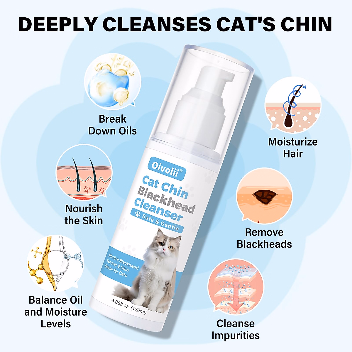 𝐎𝐢𝐯𝐨𝐥𝐢𝐢 Kitten & Cat Acne Chin Treatment, (4 fl. oz) Blackhead Cleanse Lotion & Cleansing Brush,Soothes Chin Acne, Oil Control, tightens pores, relieves Sensitivity.
