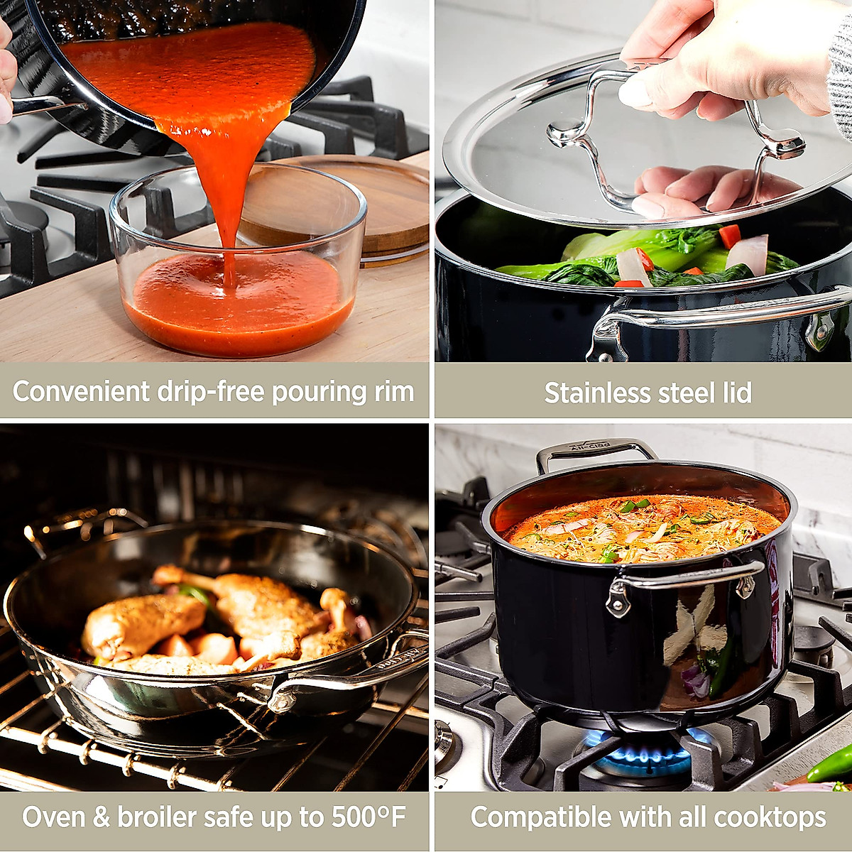 All-Clad FusionTec Ceramic and Steel Core Stockpot 7 Quart Induction Oven Broiler Safe 500F Pots and Pans, Cookware Onyx