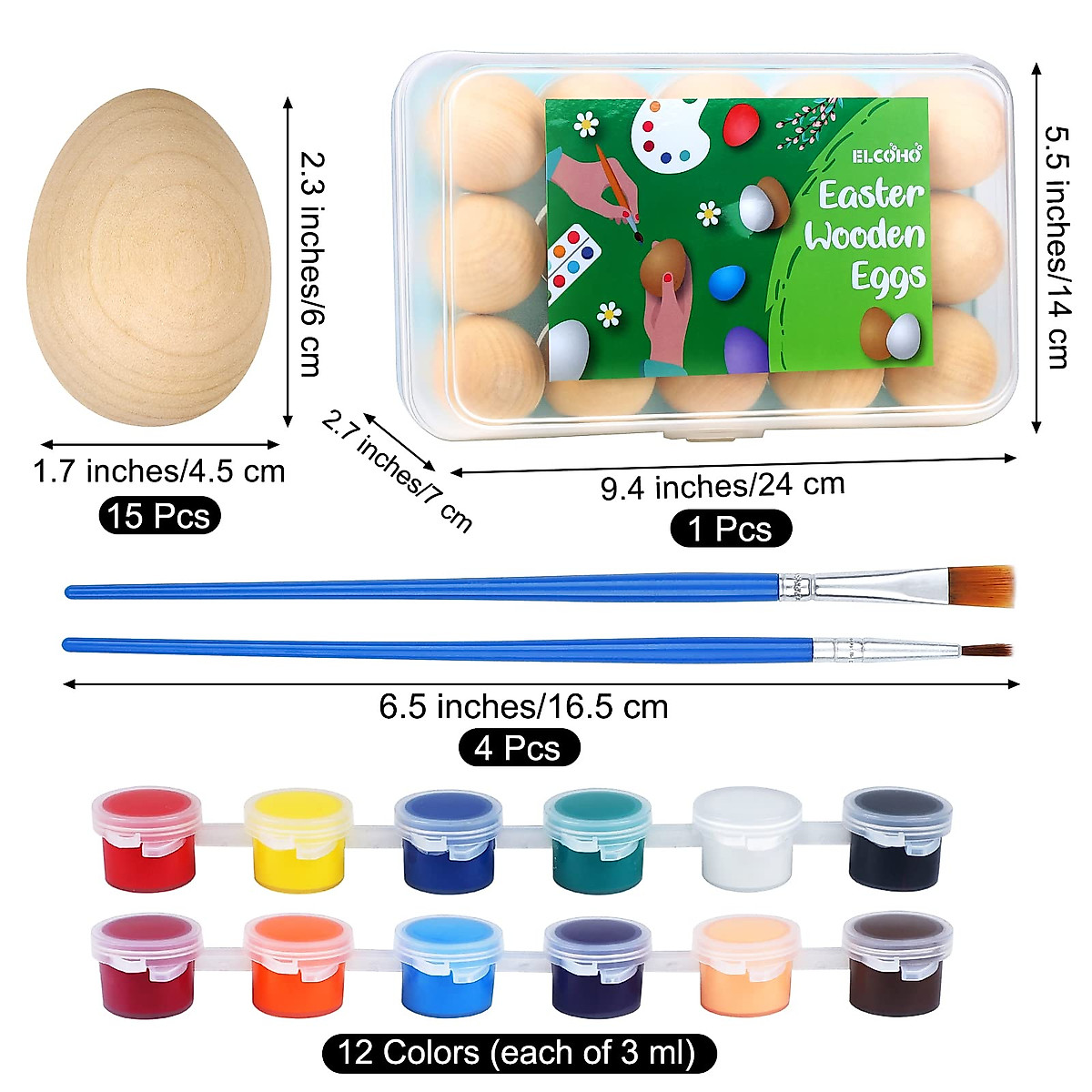 Fovths Elcoho 15 Packs Unfinished Wooden Easter Eggs Unpainted Easter Eggs Toys Mini DIY Fake Art Craft Eggs with Brushes and Paints for Easter Decorating Party Supplies, Natural