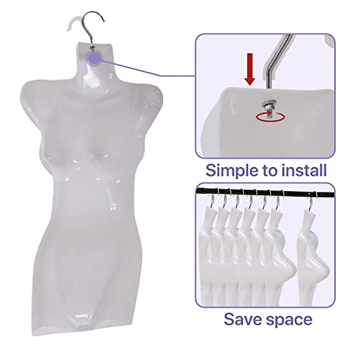 4-Packs Female Mannequin Torso Set 27" Dress Form Hollow Back Half Body Clothing Display Plastic Adult Table Shirt Mannequin Model Stand with Metal Hook for Hanging - Craft Shows or Design, White