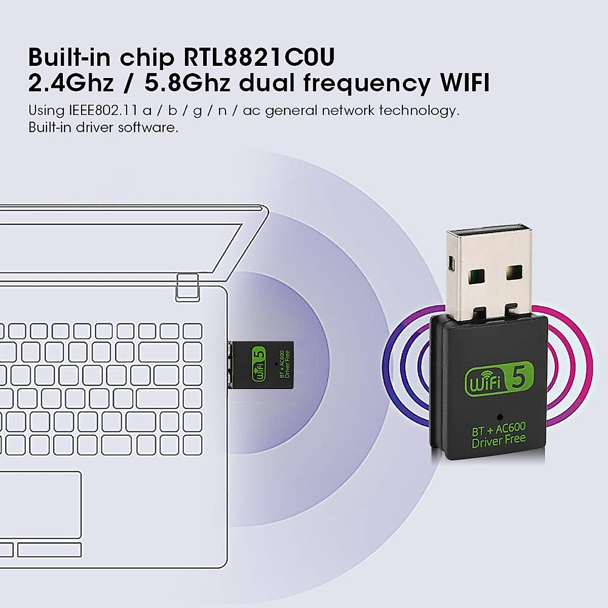CHICIRIS 【𝐄𝐚𝐬𝐭𝐞𝐫 𝐏𝐫𝐨𝐦𝐨𝐭𝐢𝐨𝐧】 RTL8821CU WiFi Network Card, 2 in 1 WiFi Dongle, Smartphones for Windows7/8/8.1/10/Xp