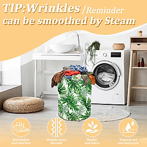 Palm Leaves Laundry Basket, Foldable Waterproof Oxford Cloth Floral Laundry Hamper Funny Tote Bag Dirty Clothes Storage Bucket Toy Organizer for Bathroom/Laundry/Bedroom 15.7"x19.6"