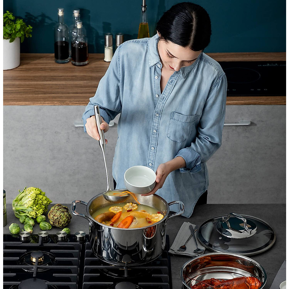 304 Stainless Steel Kitchen Utensils Set - 8 PCS All Metal Cooking Tools with Spatula, Solid Spoon, Slotted Spoon, Ladle, Skimmer Slotted Spoon, Slotted Spatula Tunner, Spaghetti Spoon, Large Spoon