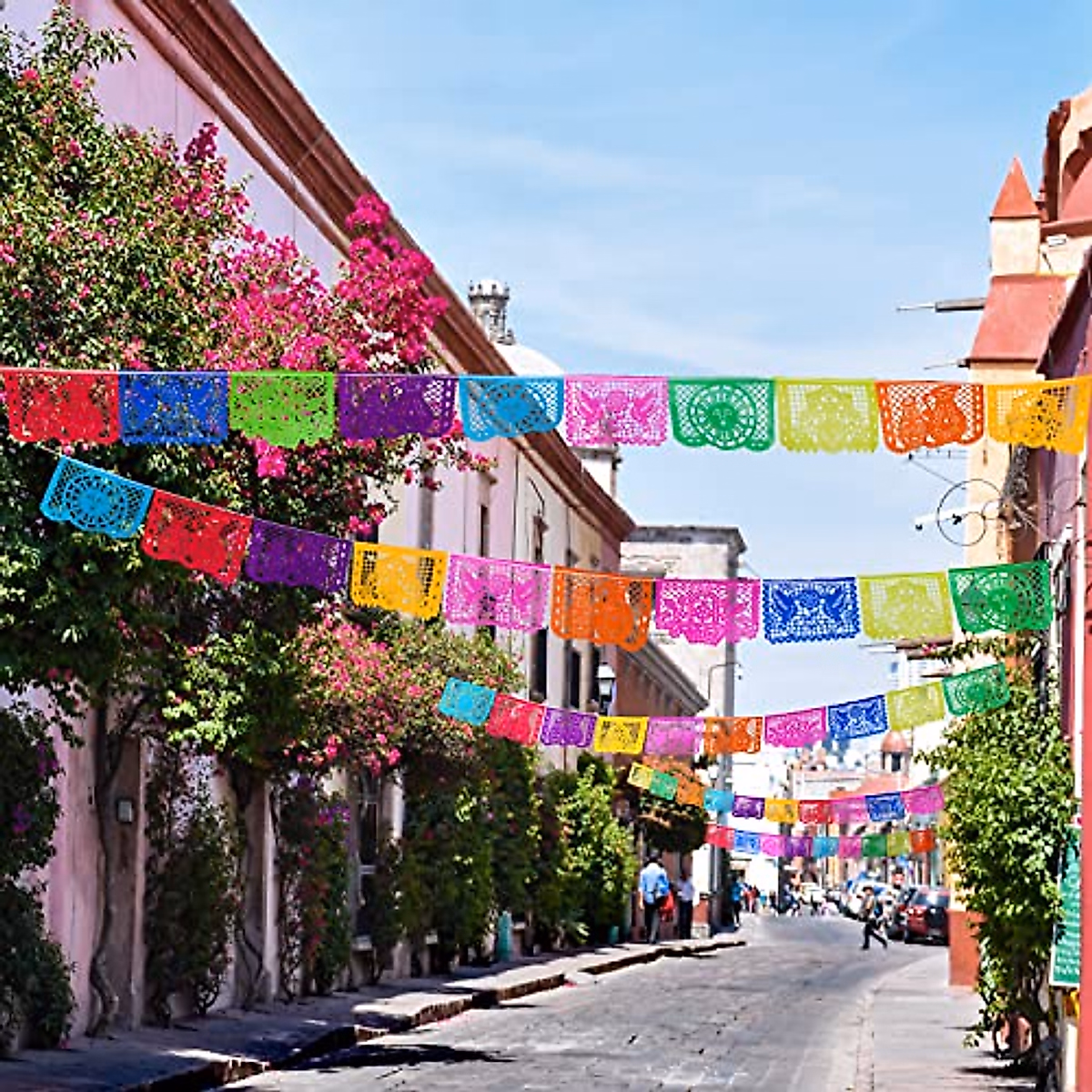 FIVE packs, 82 ft Mexican Party Banners PLUS 250 gr of Multicolor Confetti - Authentic Papel Picado - Handcrafted by Mexican Artisans - Cinco de Mayo decorations