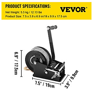 VEVOR Rope Crank, 3500 LBS Capacity Heavy Duty Hand Winch with 10 m(32.8 ft) Wire Cable and Alloy Hook, w/ 2-Gear Two-Way Manual Operated Ratchet, for ATVs Boats Trailers Trucks Auto Marine, Black