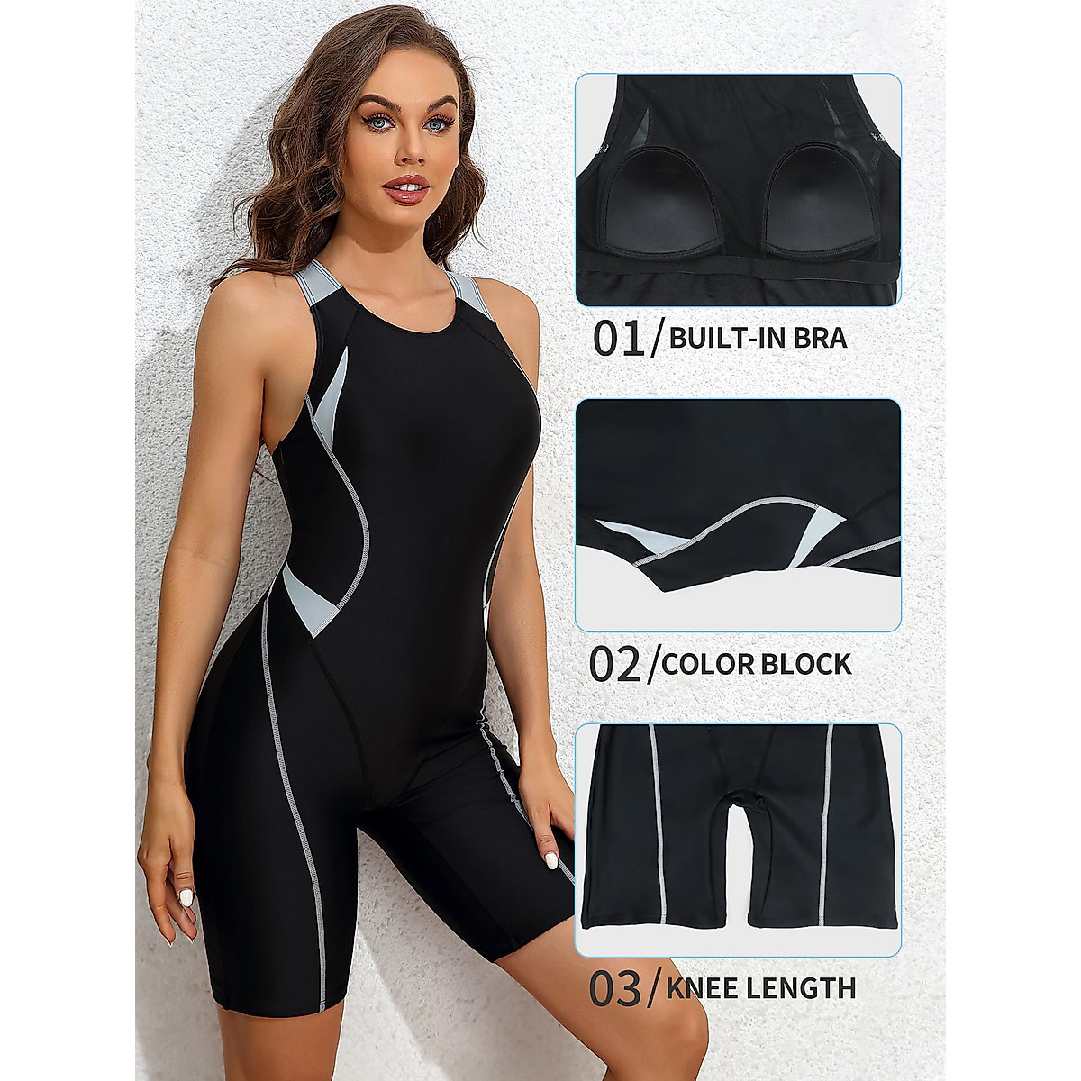 ATTRACO Athletic One Piece Bathing Suits Knee Length Swimsuits Women Racerback Swimwear L