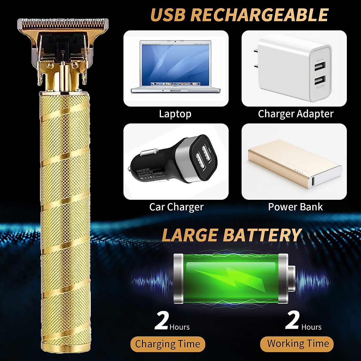 Hair Trimmer for Men, Professional Electric Hair Clippers Cordless Beard Trimmer Shaver Electric T Blade Hair Trimmer, Zero Gapped Hair Clippers Cutting Grooming Kit with Guide Combs, Gold