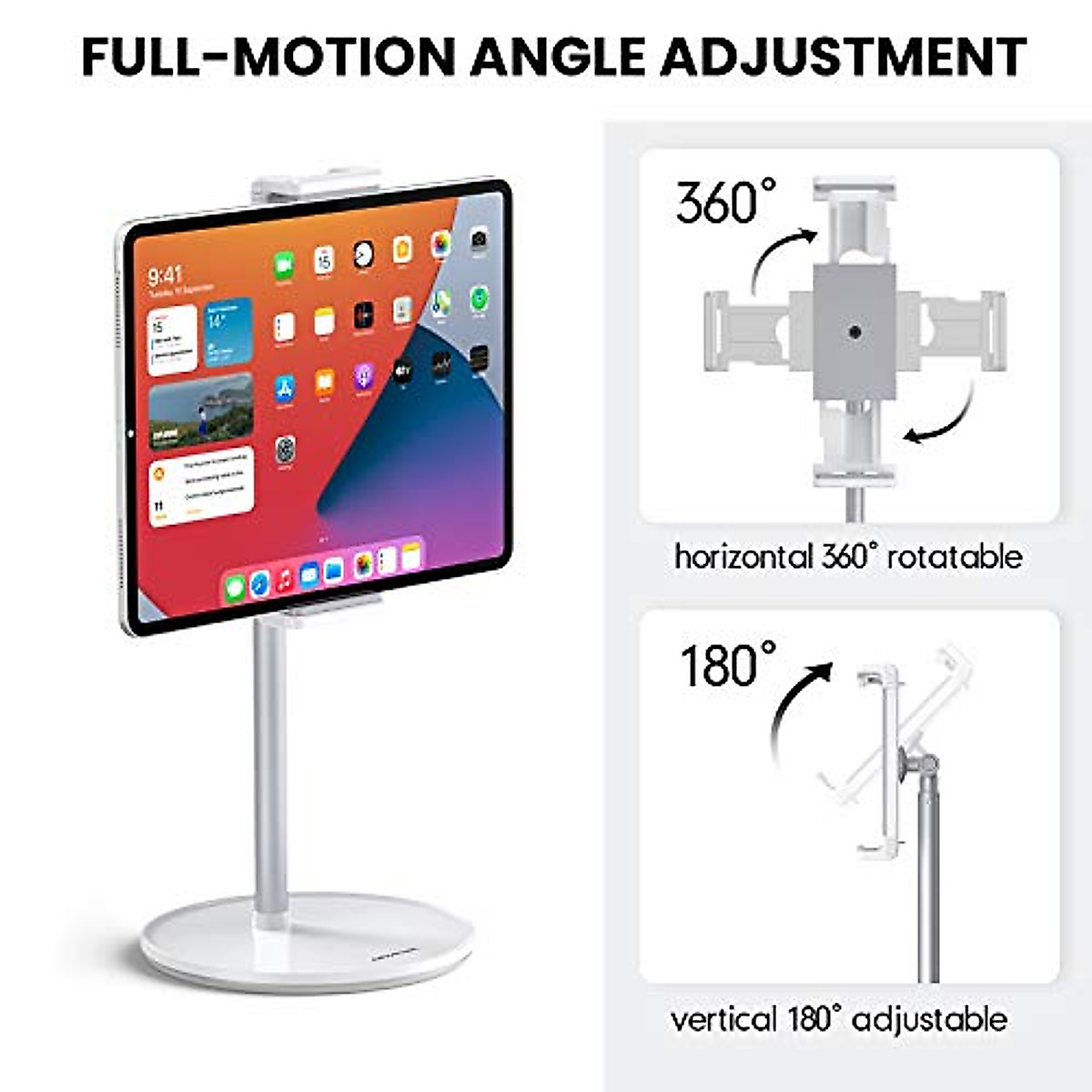 AboveTEK Tablet Stand Holder, 360 Swivel Angle Height Adjustable Cell Phone Holder for Desktop, Aluminum iPad Mount Fits 4.5"-13.5" Tablet/Phones Such as iPhone Samsung, iPad, Switch, Kindle(Silver)