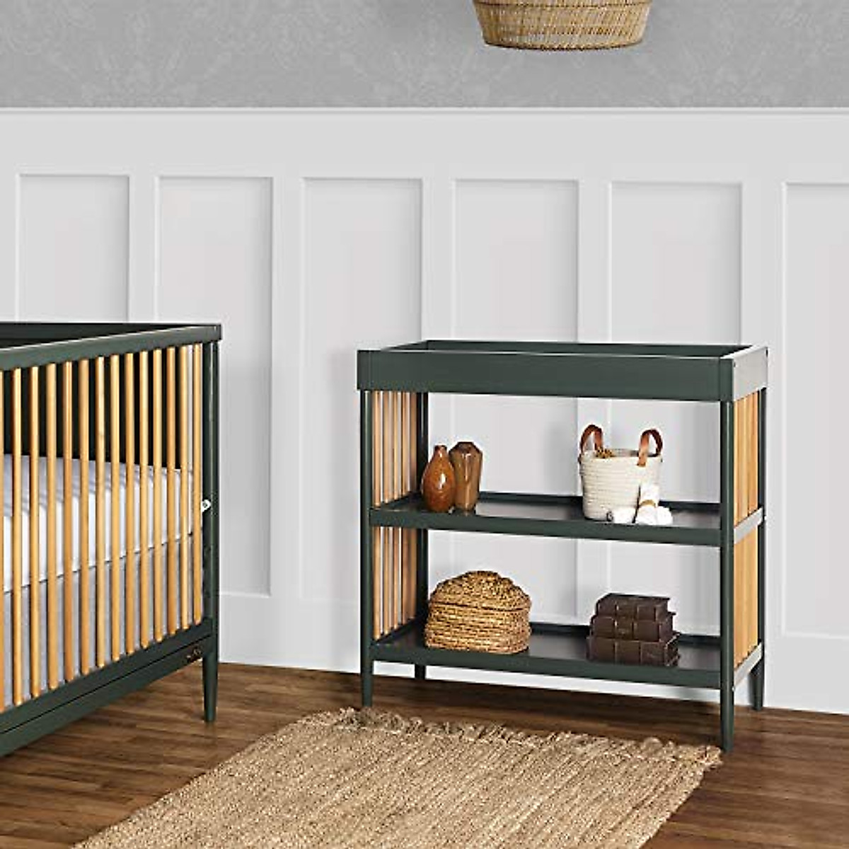 Dream On Me Sleepy Little Sloth Changing Table in Olive, Comes with 1" Changing Pad, Features Two Shelves, Made of Sustainable New Zealand Pinewood