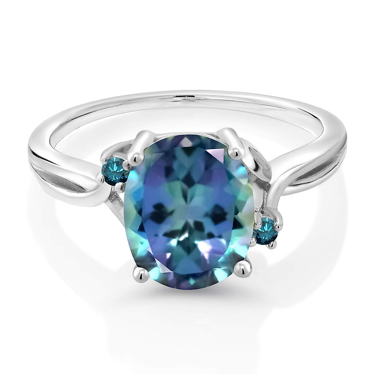 Gem Stone King 925 Sterling Silver Millennium Blue Mystic Topaz and Blue Diamond 3 Stone Ring For Women (3.03 Cttw, Oval 10X8MM, Gemstone Birthstone, Available In Size 5, 6, 7, 8, 9)