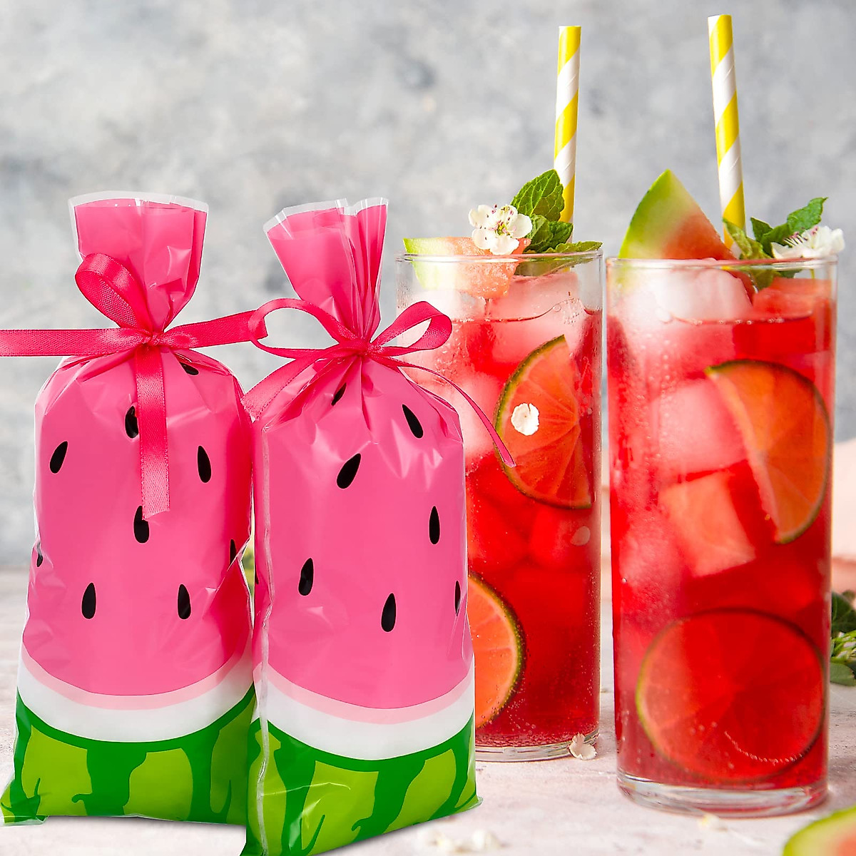 Whaline 100Pcs Watermelon Treat Bags Pink Green Candy Cellophane Bag 10.8 x 5 Inch Watermelon Plastic Goody Bags with Red Ribbon for Birthday Watermelon Party Favor Supplies Gift Summer Decoration
