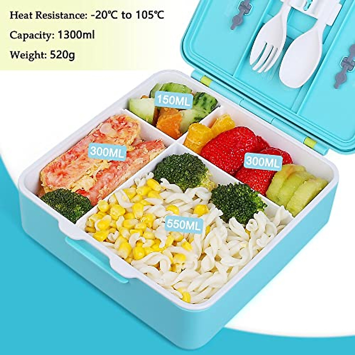 Bento Lunch Box Kids Children, Lunchbox with 4 compartments, Spoon, Fork and Fruit Picks, Blue Food Containers for Boys, Daycare/Travel/School, Leak-Proof, BPA-Free, Microwave/Dishwasher/Freezer Safe