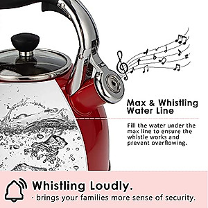 Rorence Whistling Tea Kettle: 2.5 Quart Stainless Steel Kettle with Capsule Bottom & Heat-resistant Glass Lid (Red)