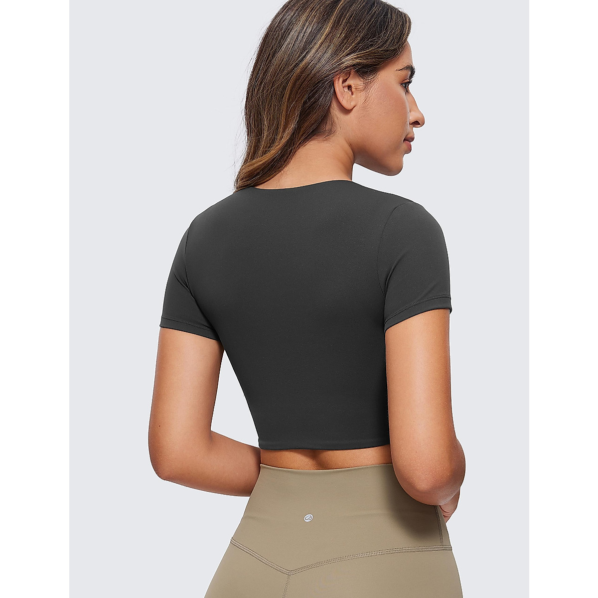 CRZ YOGA Womens Butterluxe Double Lined Short Sleeve Crop Tops Crew Neck Casual Workout T-Shirt Cute Basic Tee Black Small