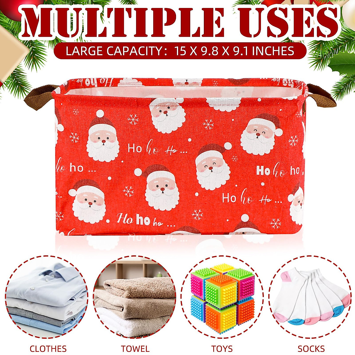 Layhit 3 Pcs Christmas Storage Bins Large Foldable Christmas Basket with Handles Xmas Tree Santa Snowflake Storage Boxes Fabric Collapsible Red Storage Basket for Cloth Toy Book Storage