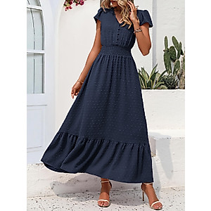 PRETTYGARDEN Womens Summer Boho Maxi Dress Short Sleeve Swiss Dot Flowy Long Dress V Neck Smocked Waist Beach Party Sun Dress(Navy, Large)