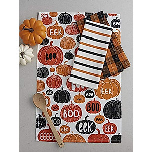 DII Halloween Hand Towels for The Kitchen Decorative Spooky & Fun Cotton Printed Dishtowel Set, 18x28, Pumpkin Boo, 3 Count
