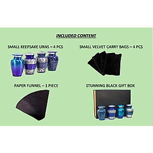 THE ASCENT MEMORIAL Blue Small Urns for Human Ashes Female Male | Set of 4 Premium Mini Keepsake Urns with Four Velvet Bags A Paper Funnel and A Stunning Magnet Closer Gift Box